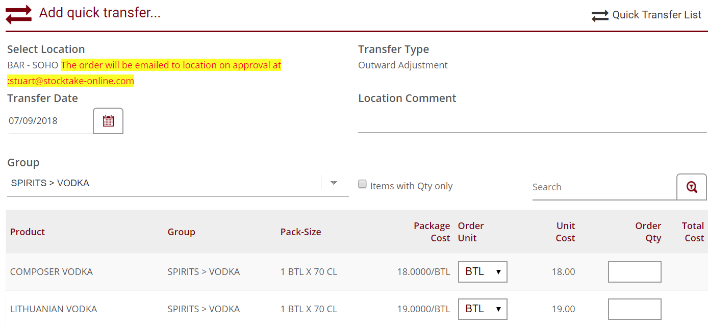 Quick Transfer – StockTake Online